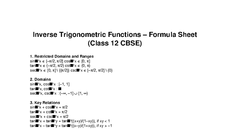 Inverse Trigonometric Functions Formula Sheet CBSE Class 12 - Inverse ...