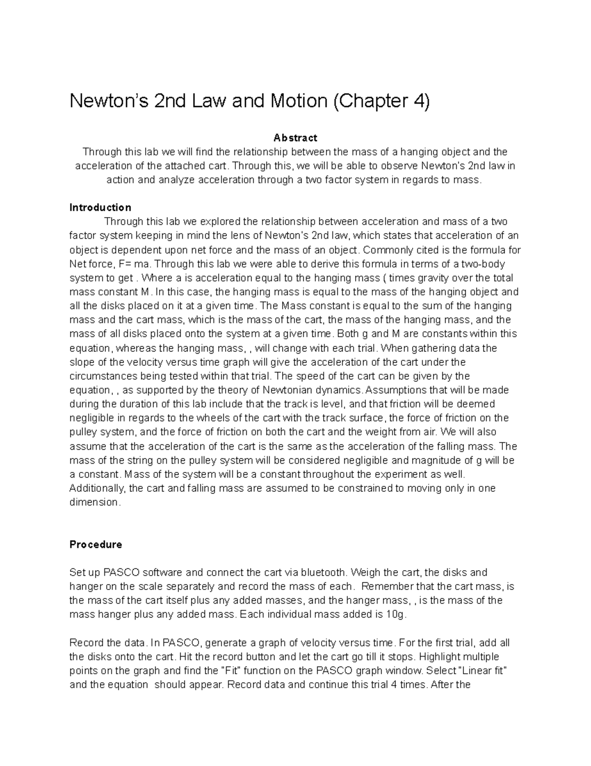 (NC 101) Newton's 2nd Law and Motion Mini Lab Report Analysis - Studocu