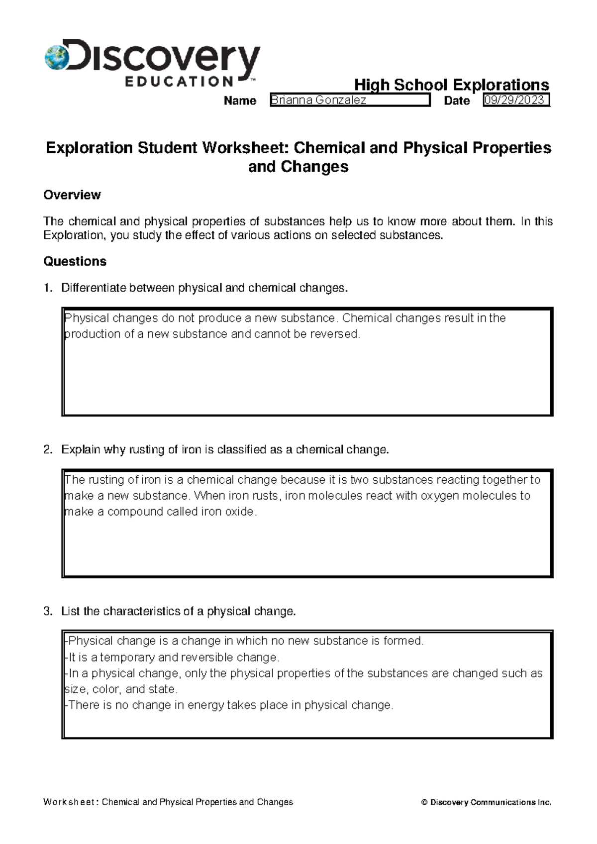 Chemical & Physical Properties: Student Worksheet & Exploration Guide ...