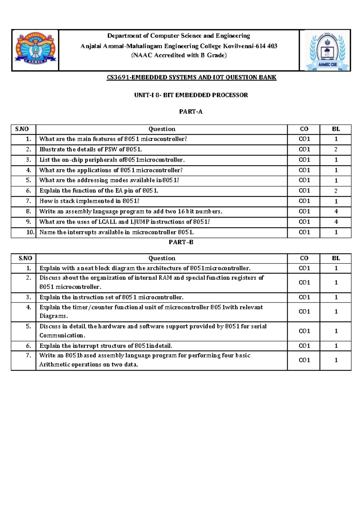 CS3691 - Embedded Systems and IoT Question Bank - Studocu