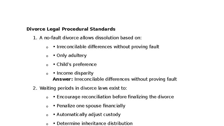 Divorce Legal Procedural Standards: Key Concepts and Answers - Studocu