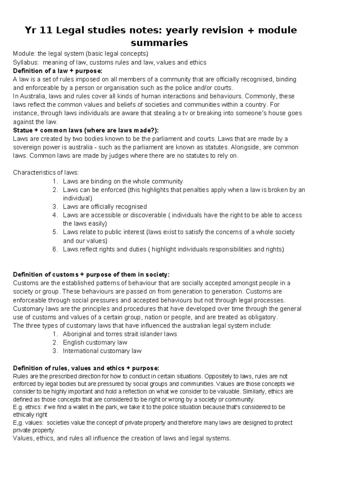 Yr 11 LST Notes: Yearly Revision on Legal System Concepts and ...