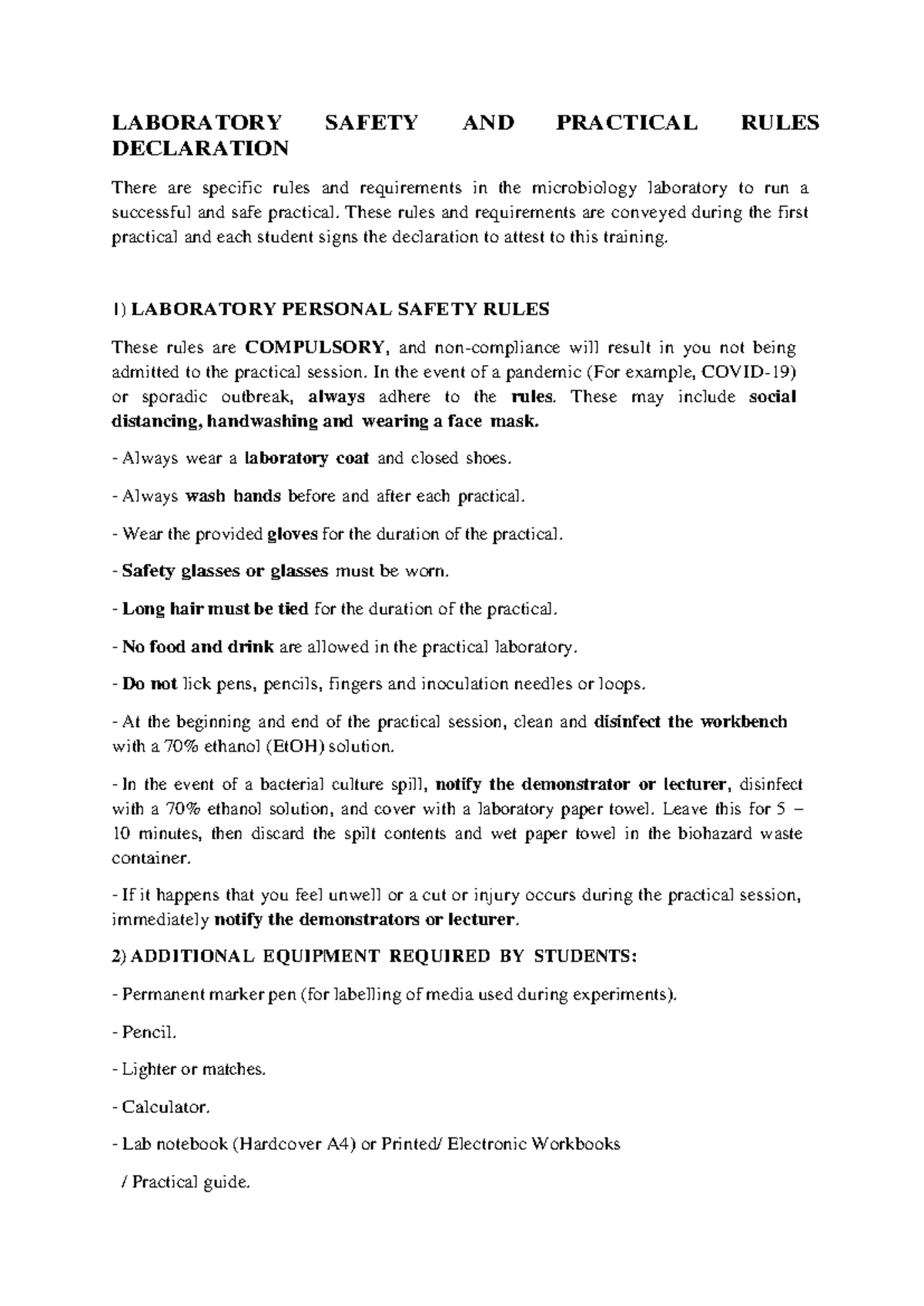 Microbiology Lab Safety & Practical Rules Declaration (LAB 101) - Studocu