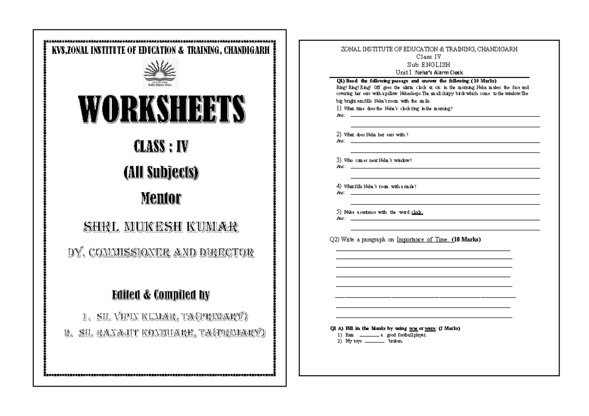 Class IV English Worksheet - Practice Questions & Activities - Studocu