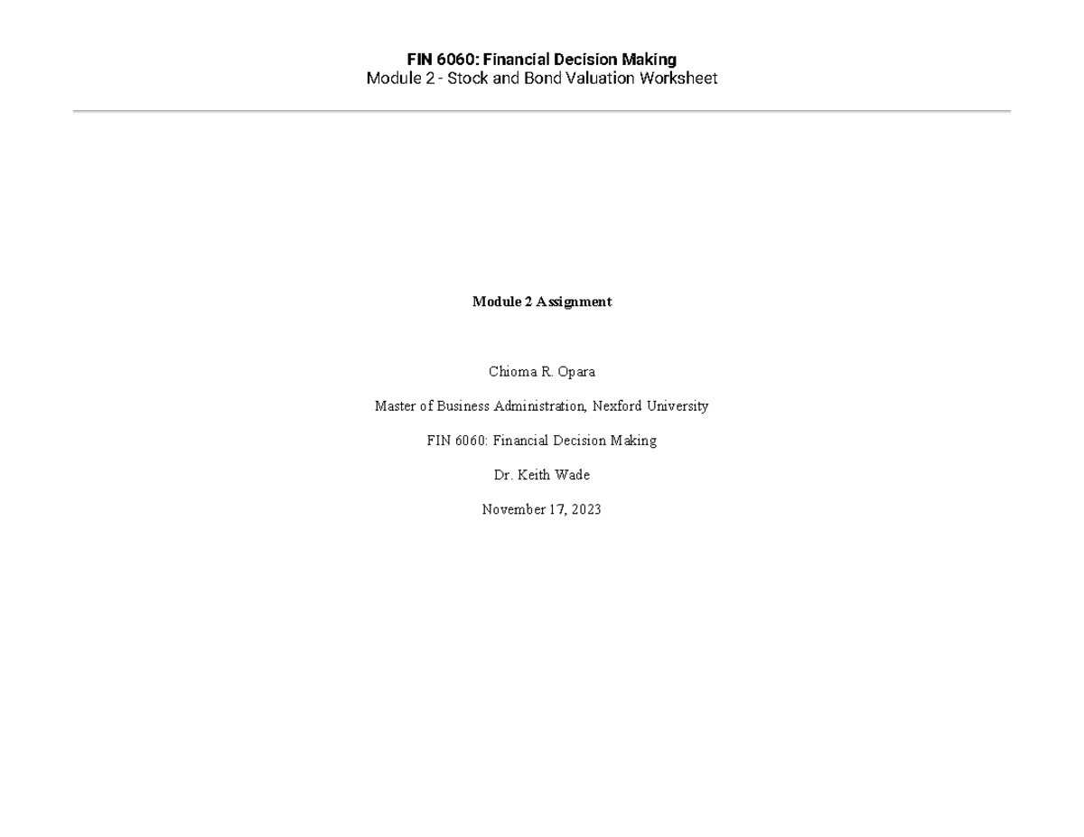 FIN 6060 Module 2 Stock and Bond Valuation Worksheet - Studocu