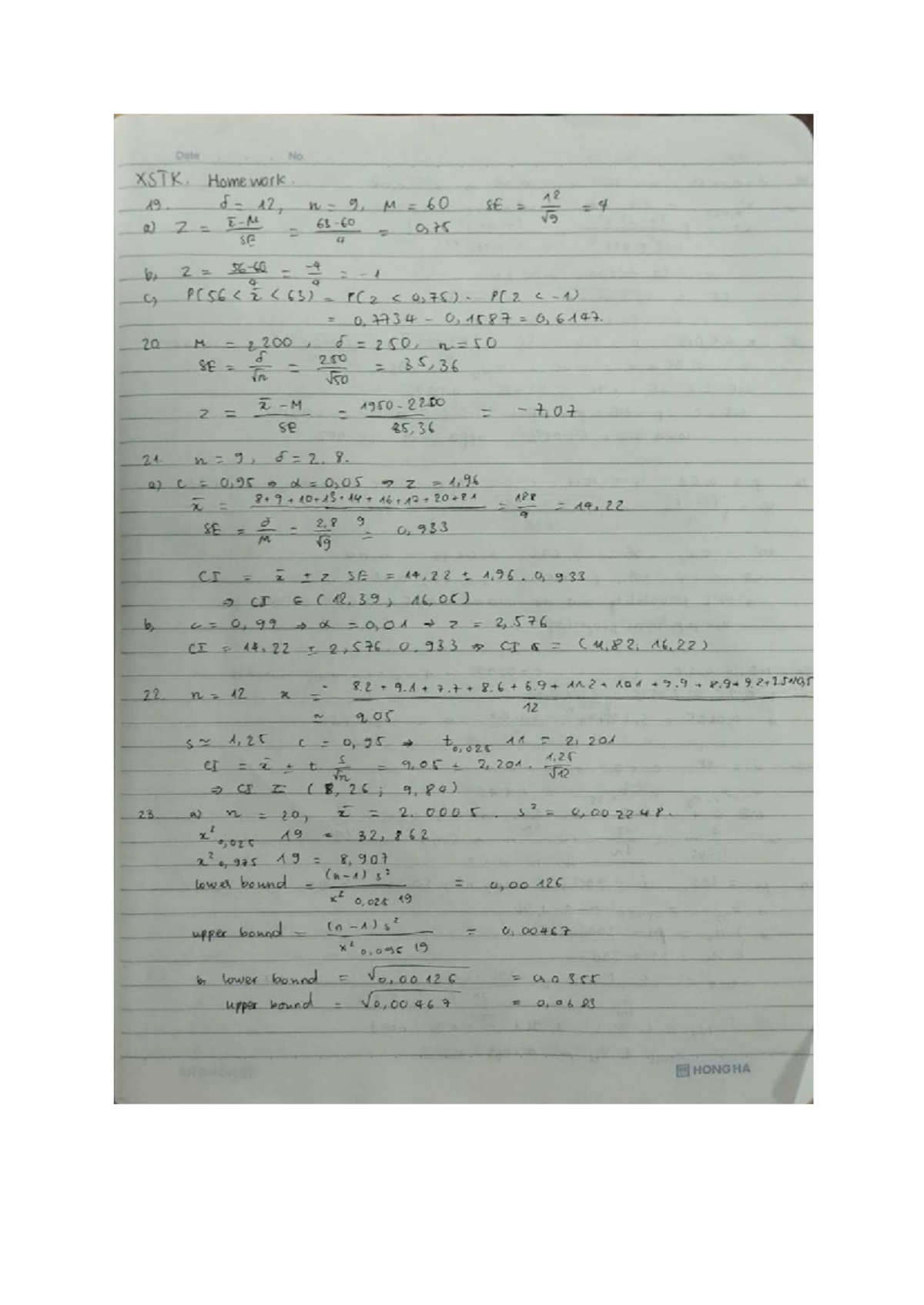 XSTK 24121550919 - Homework 19 Solutions and Calculations - Studocu