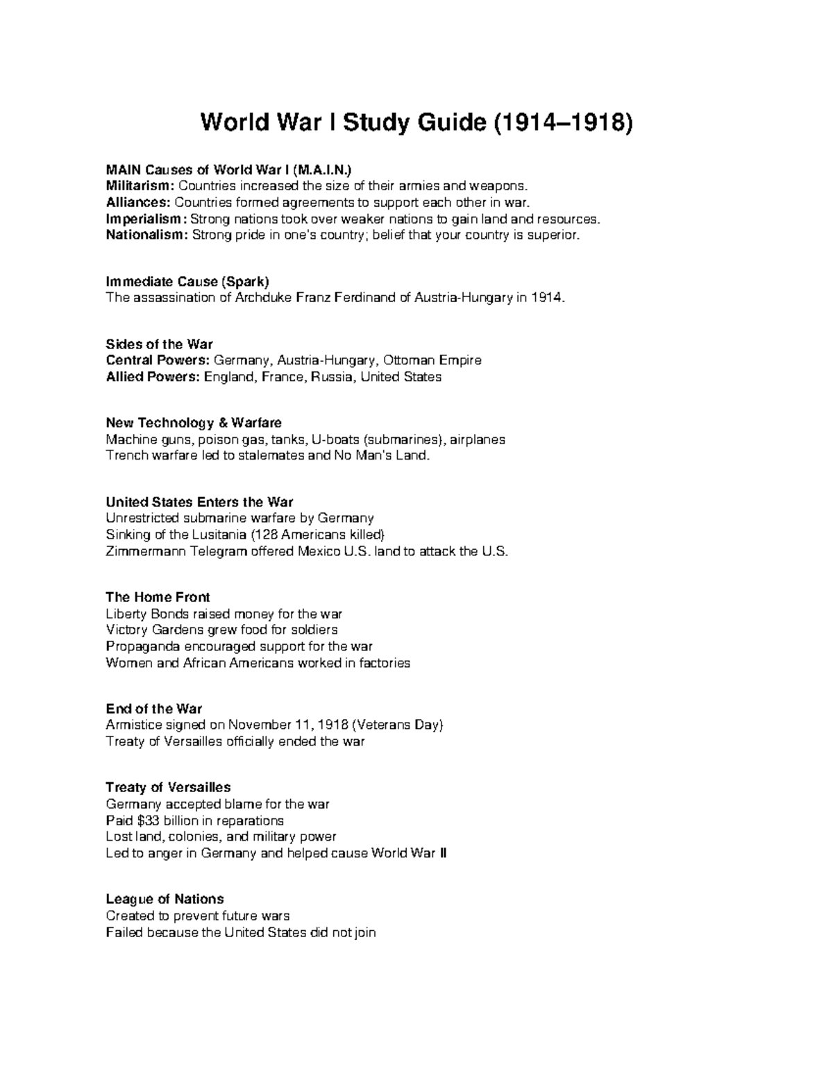 WWI Study Guide: M.A.I.N. Causes and Key Events of the War - Studocu