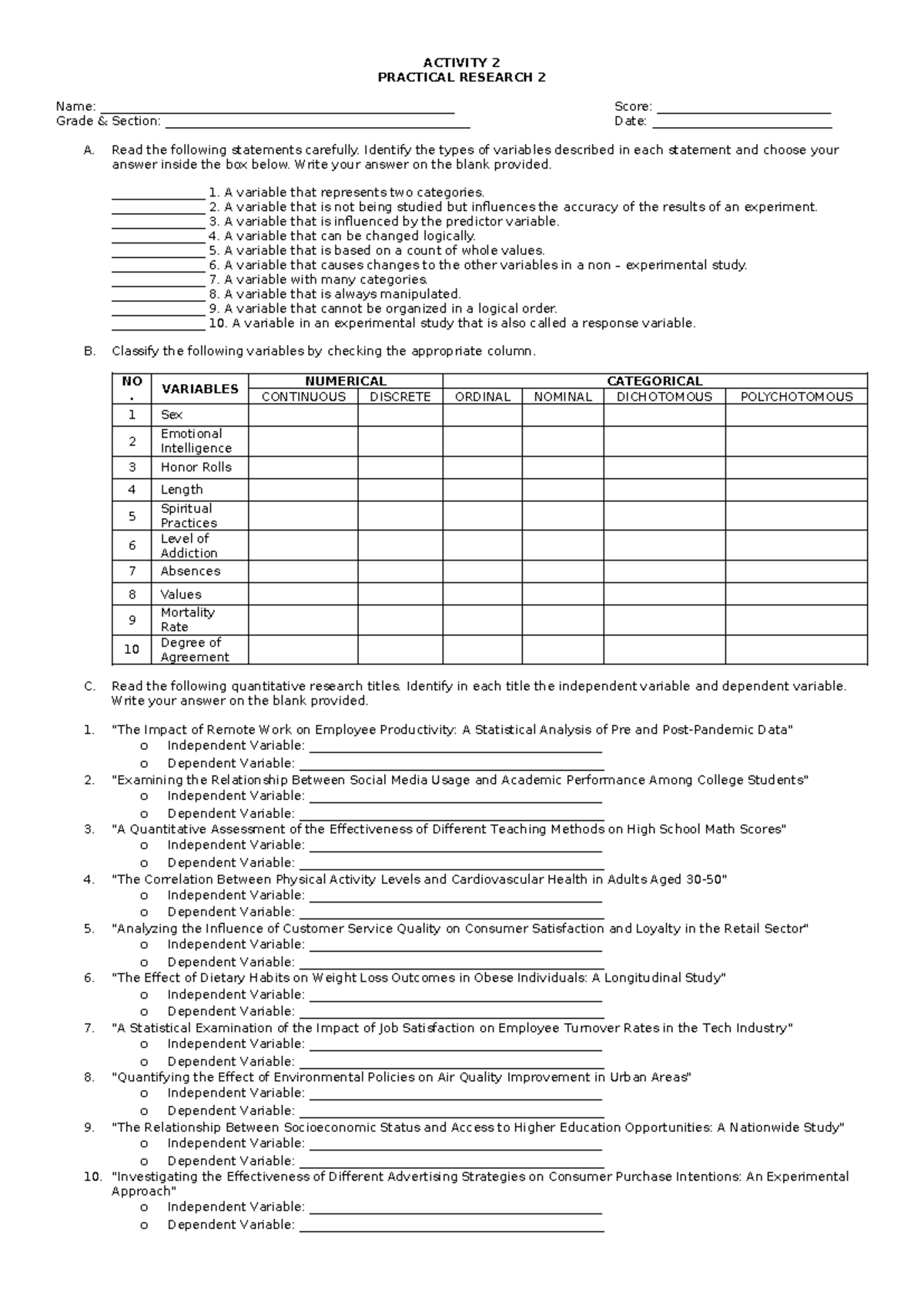 Activity 2: Identifying Variables in Practical Research 2 (PR2) - Studocu