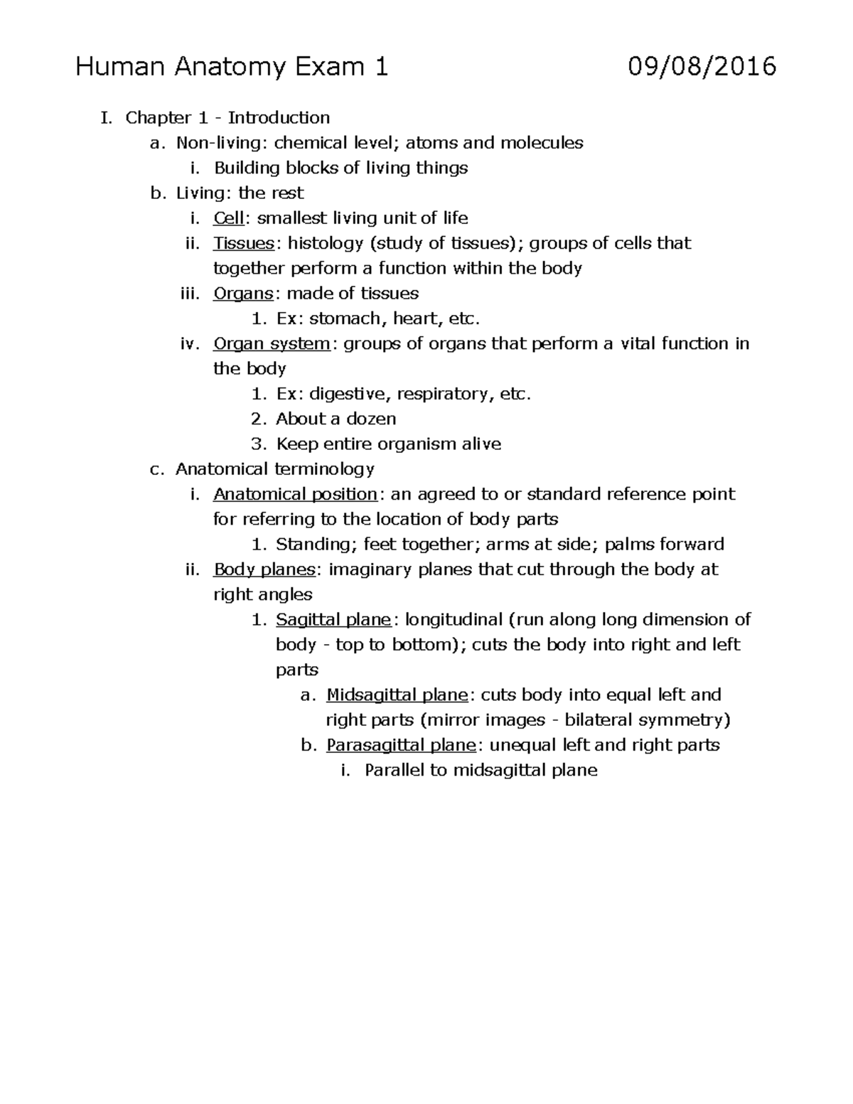 Human Anatomy Exam 1 Study Notes - Chapters 1, 3, and 5 - Studocu