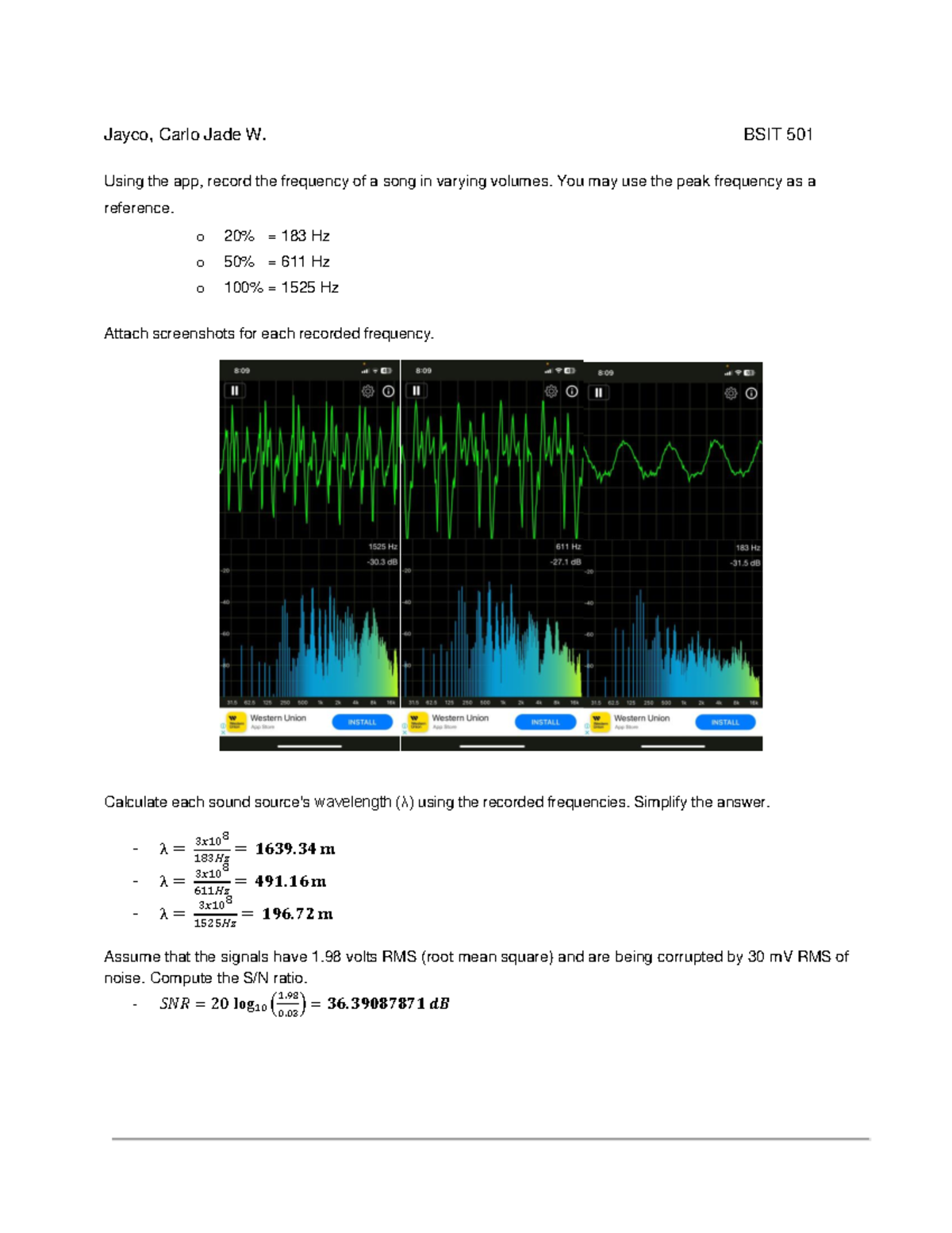 BSIT 501 Lab Report: Frequency Analysis & Wavelength Calculation - Studocu