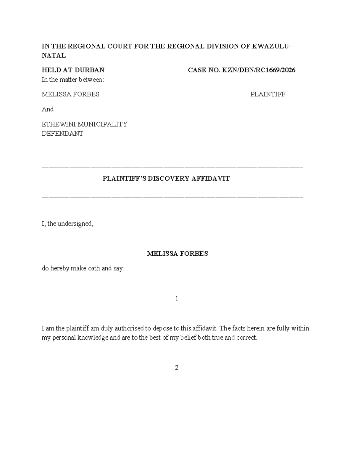 Discovery Affidavit - Case No. Melissa Forbes vs. Ethekwini ...