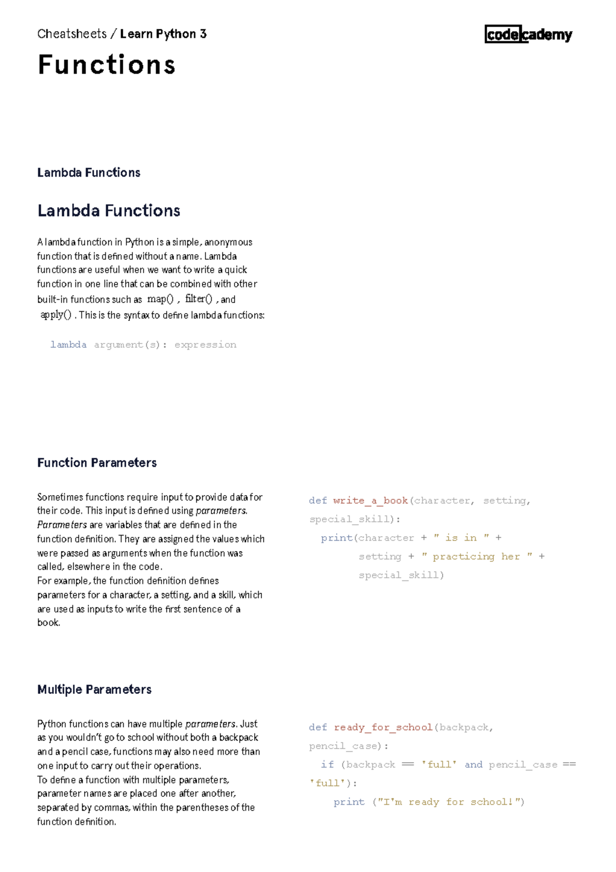 Learn Python 3 Functions Cheatsheet (Codecademy) - Studocu