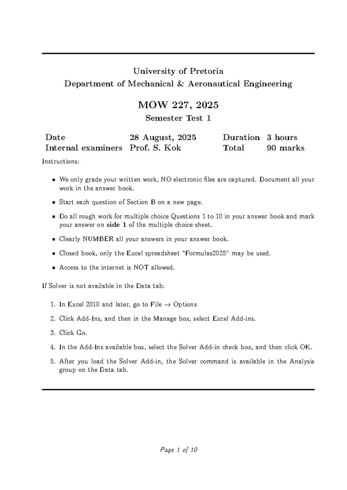 MOW 227, 2025 Semester Test 1: Mechanical Engineering Exam Guide - Studocu