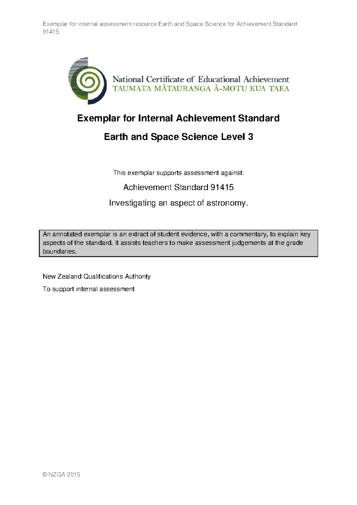 Exemplar for Internal Assessment: Earth & Space Science 91415 - Red ...