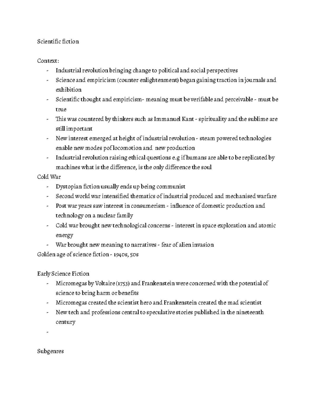 Scientific Fiction Genre Study: Industrial Revolution to Cold War - Studocu