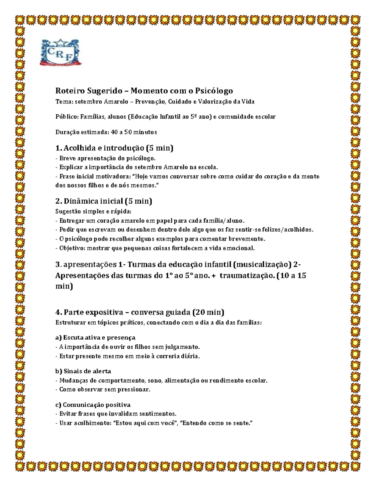 Roteiro Psicólogo: Setembro Amarelo - Prevenção e Valorização da Vida ...