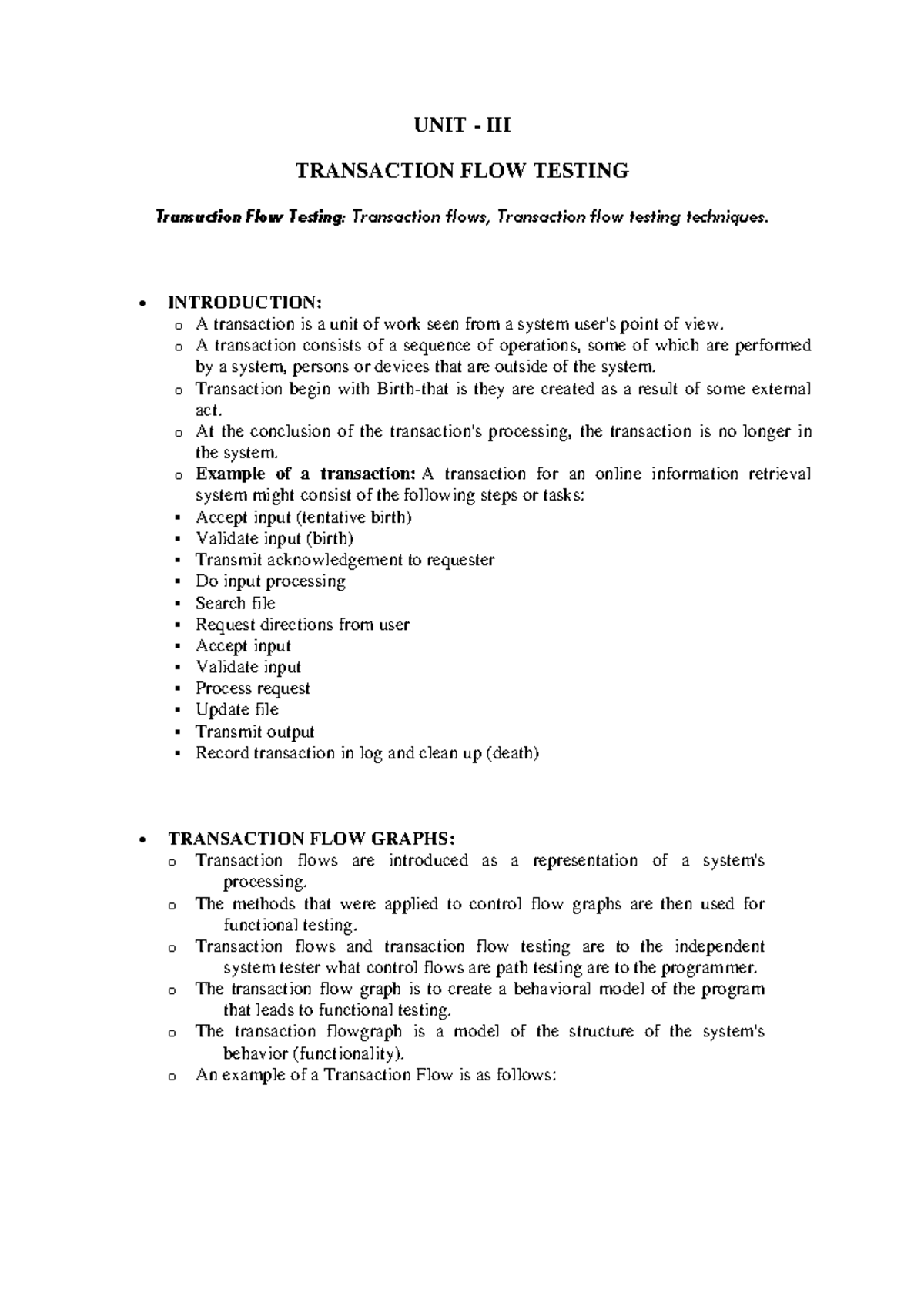 STM UNIT - III: Comprehensive Guide to Transaction Flow Testing - Studocu