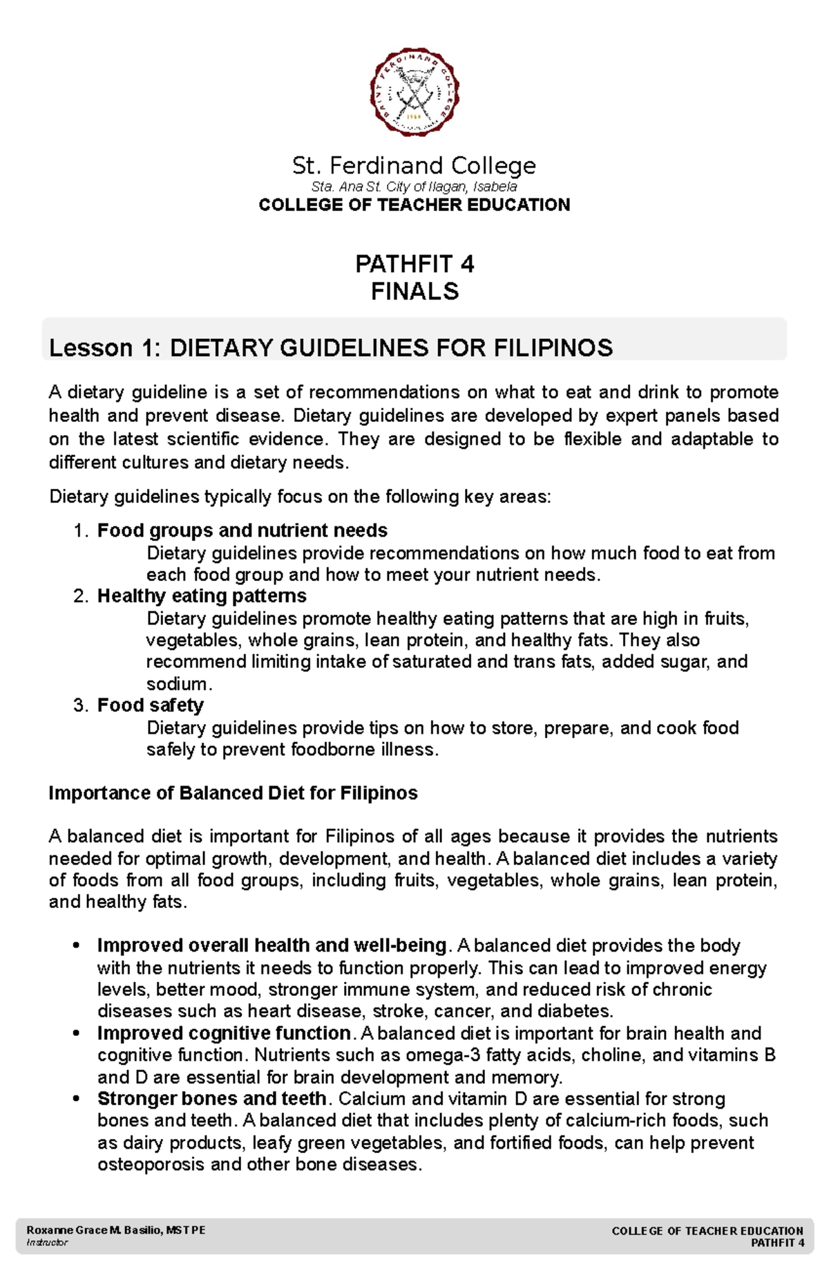 PATHFIT 4 FINALS: Dietary Guidelines & Sports Injuries Overview - Studocu