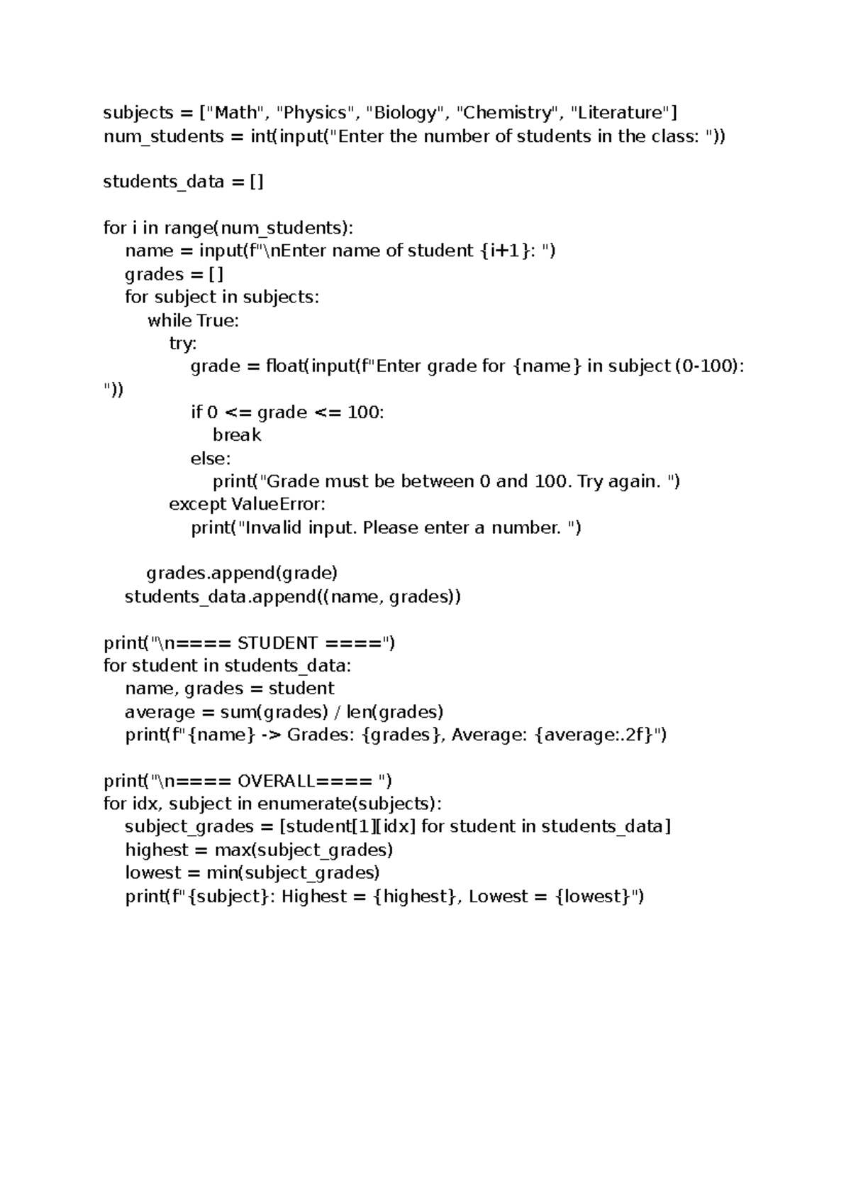 Python - .... - subjects = ["Math", "Physics", "Biology", - Studocu