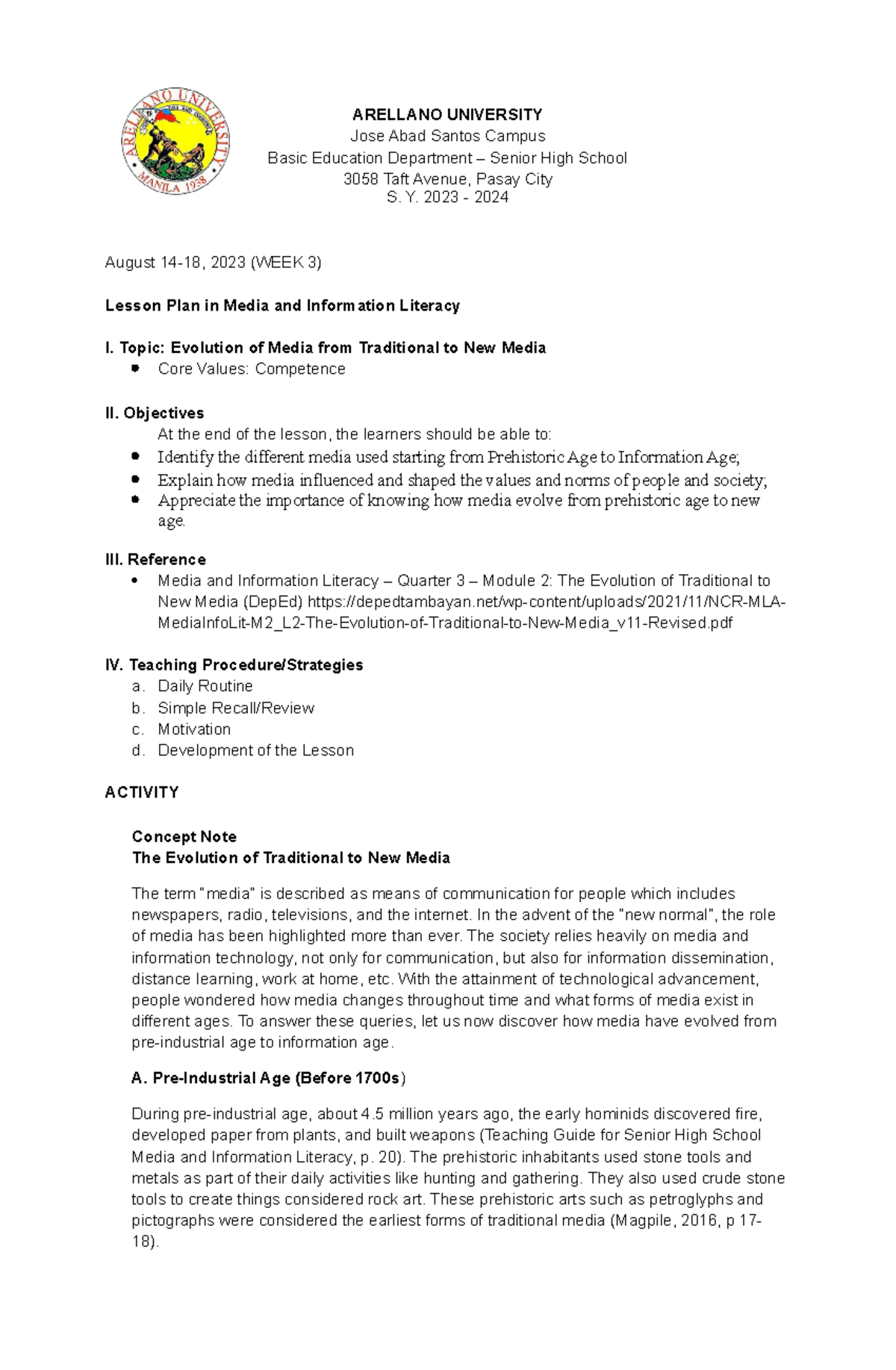 LP (Week 3) - Lesson Plan on Evolution of Media and Its Impact - Studocu