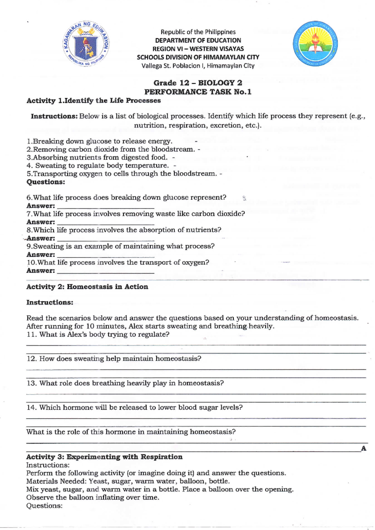 Grade 12 Biology 2: Homeostasis Performance Task Activities - Studocu
