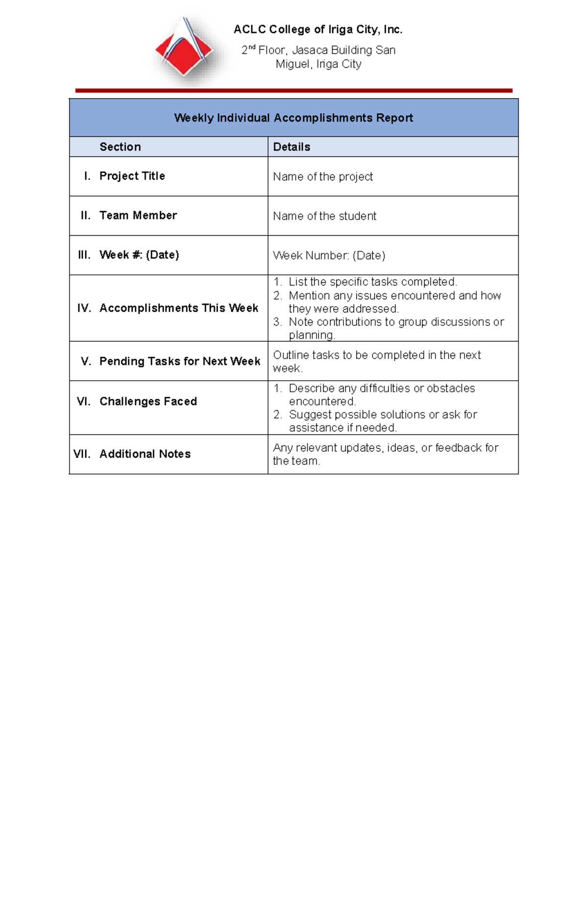 ACLC College Weekly Individual Accomplishments Report Template - Studocu