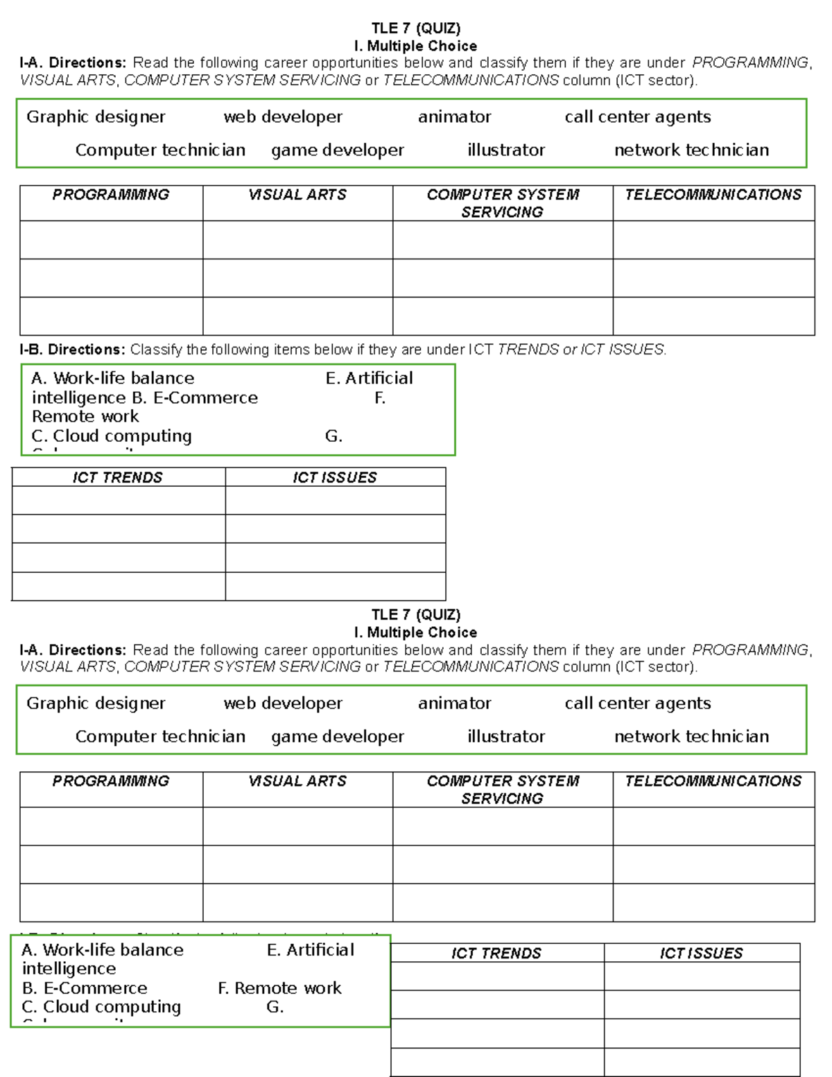 QUIZ ICT 7 MATATAG Q1 - TLE 7 (QUIZ) I. Multiple Choice I-A. Directions ...