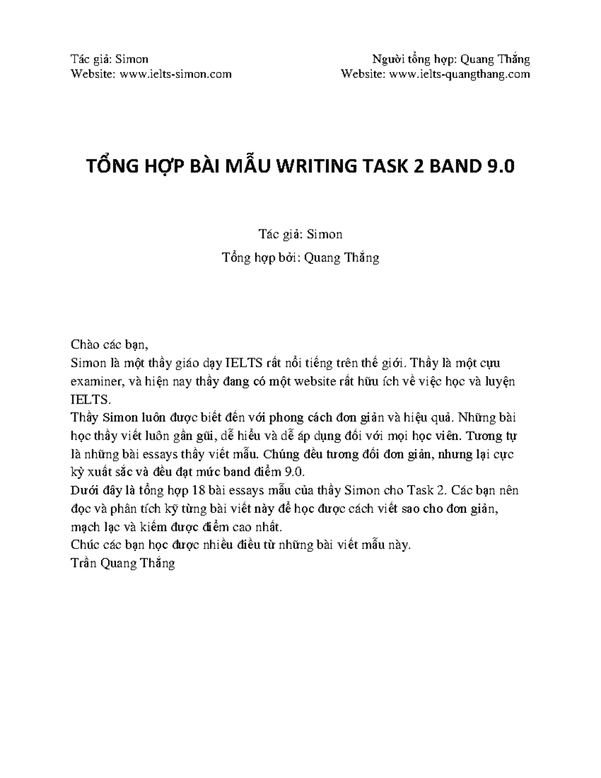Tổng hợp bài mẫu IELTS Writing Task 2 Band 9.0 của thầy Simon - Studocu