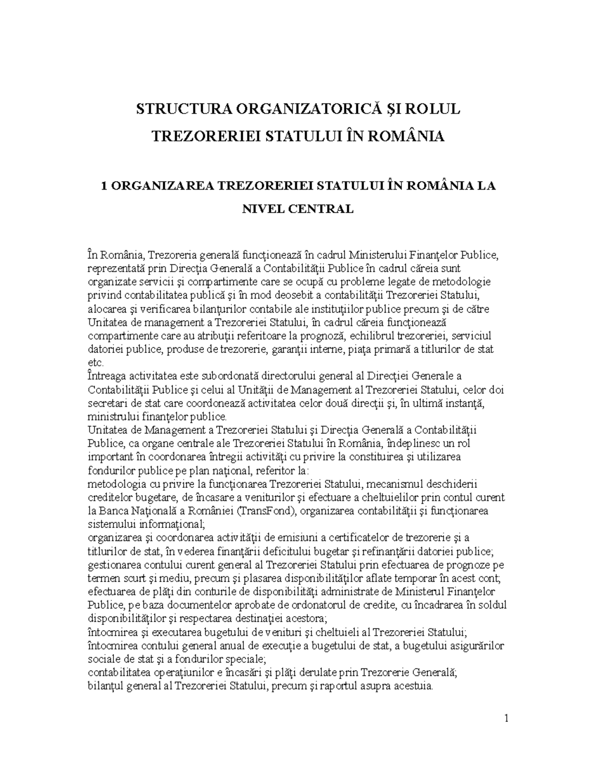Organizarea și Funcțiile Trezoreriei în România - Buget și Trezorerie 1 ...