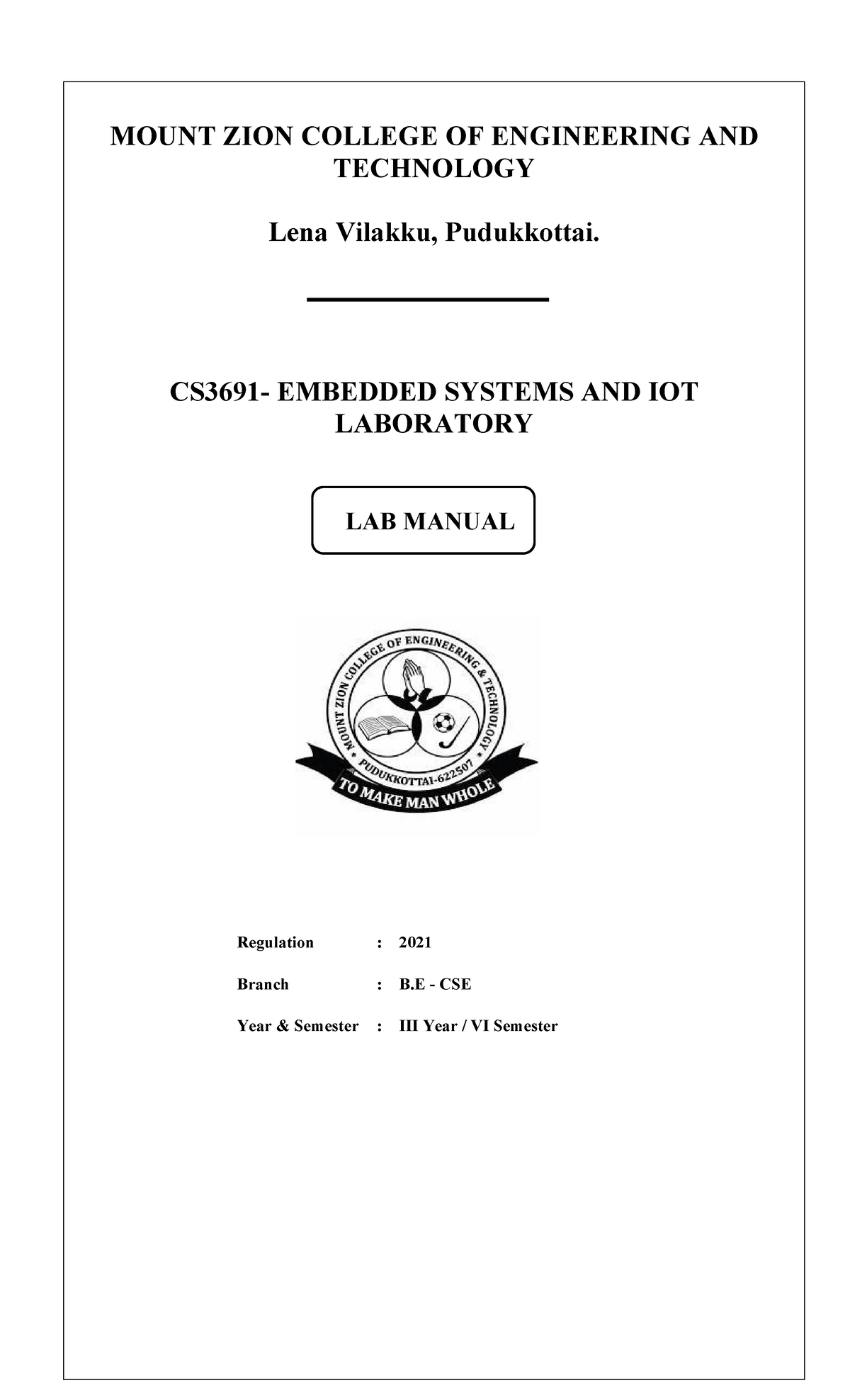 CS3691 - Embedded Systems & IoT Lab Manual: Experiments & Procedures - Studocu