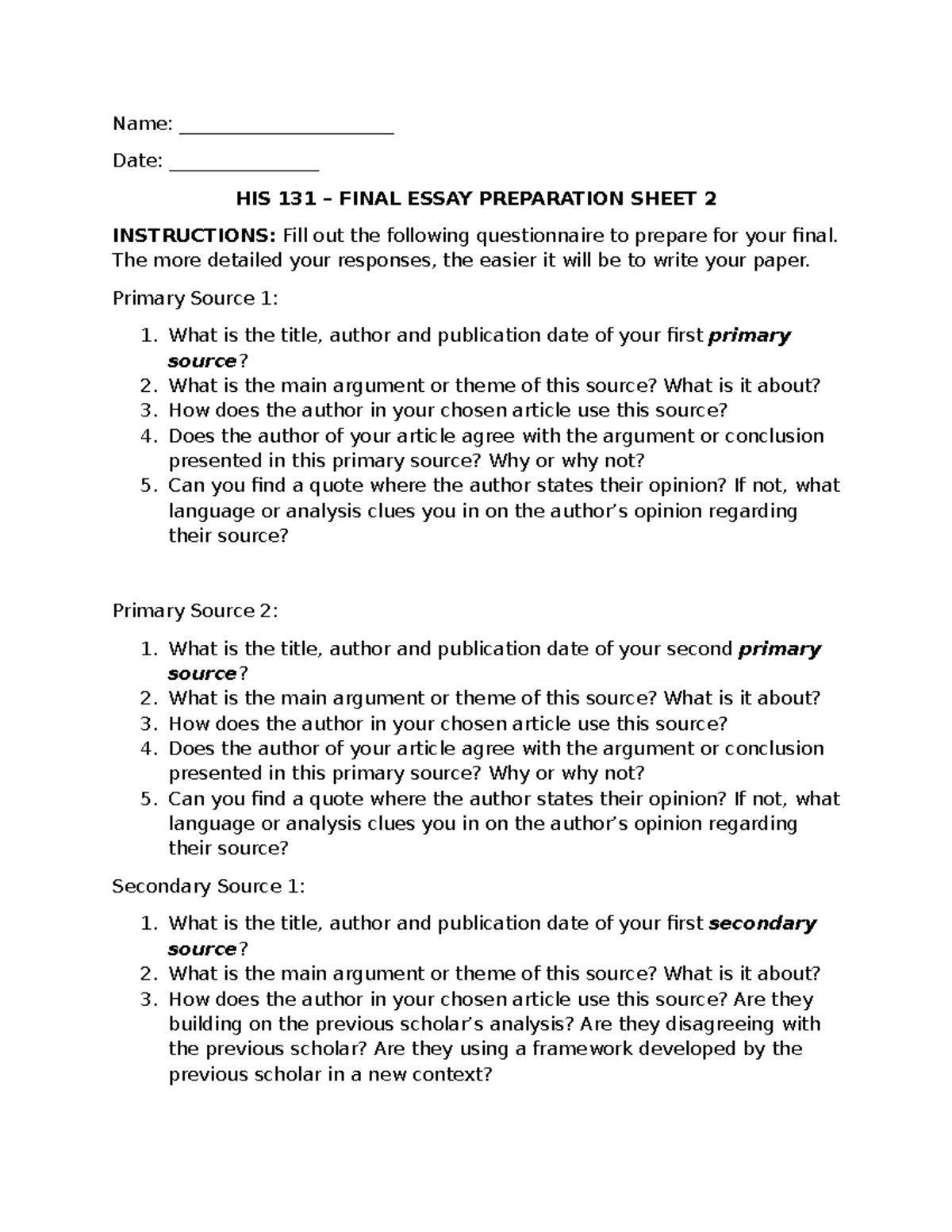 HIS 131 Final Essay Prep Sheet 2: Questionnaire Guide - Studocu