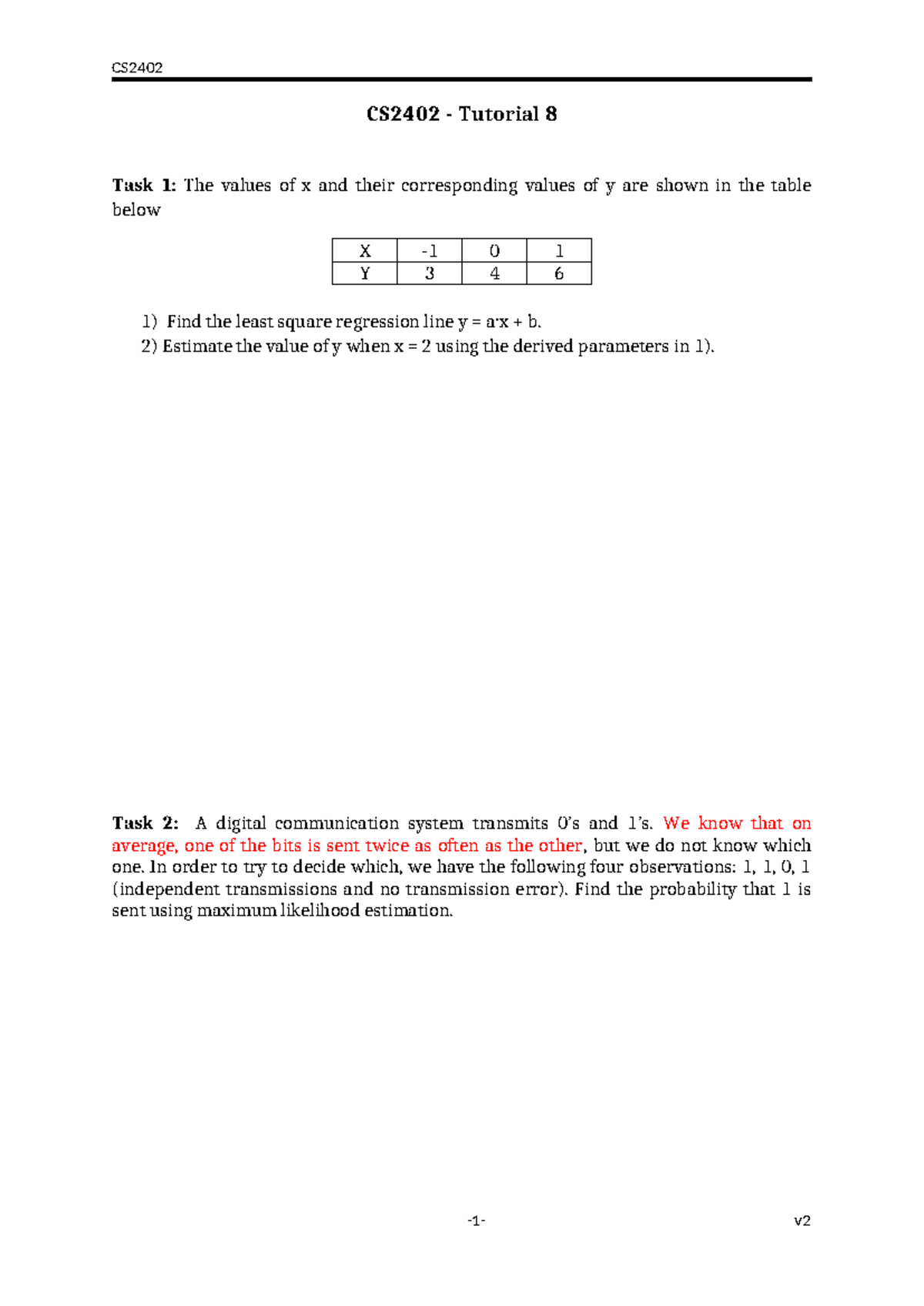 CS2402 Tutorial 8: Regression Analysis & MLE Tasks - Studocu