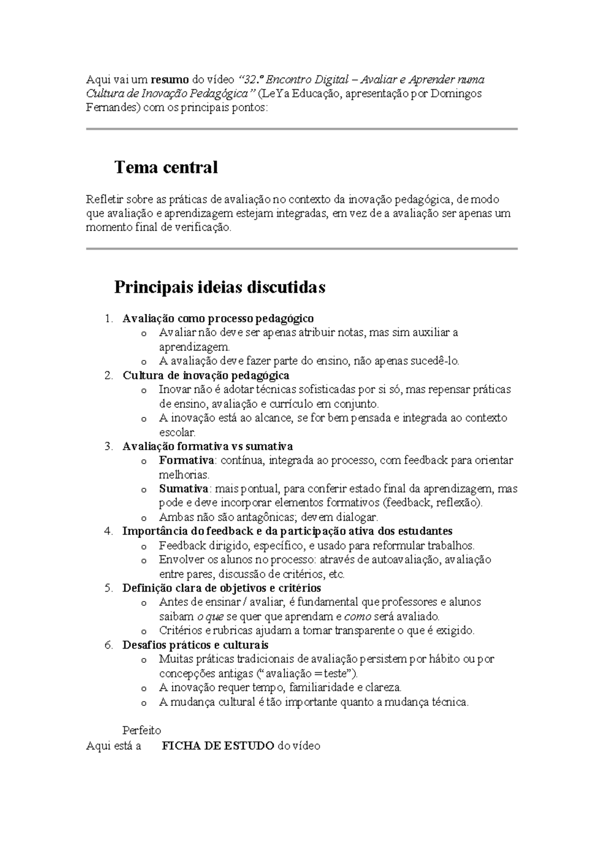 Ficha de Estudo: Encontro Digital Avaliar e Aprender (32) - Studocu