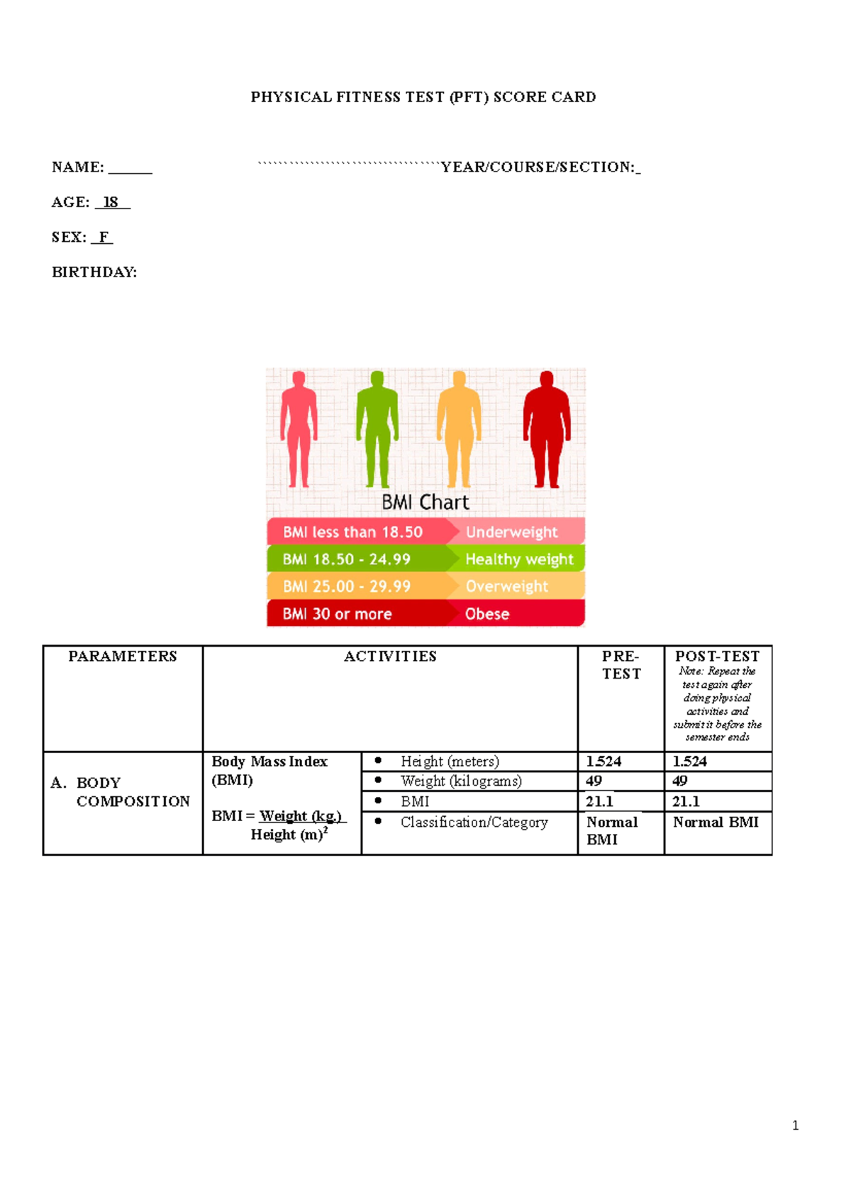 Fitness Test Score Sheet for PE 101: Physical Fitness Evaluation - Studocu