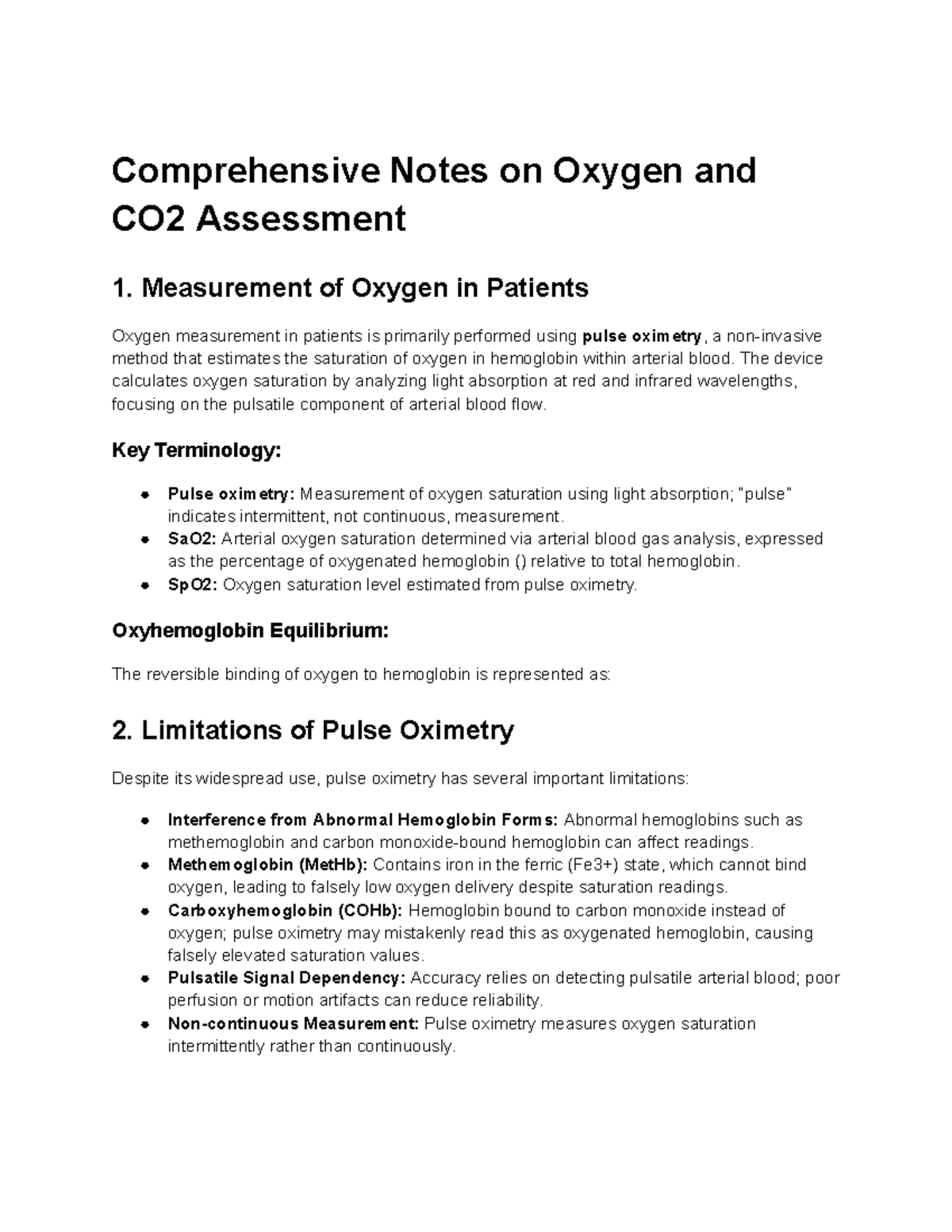 Oxygen and CO2 Assessment I: Comprehensive Patient Measurement Notes ...