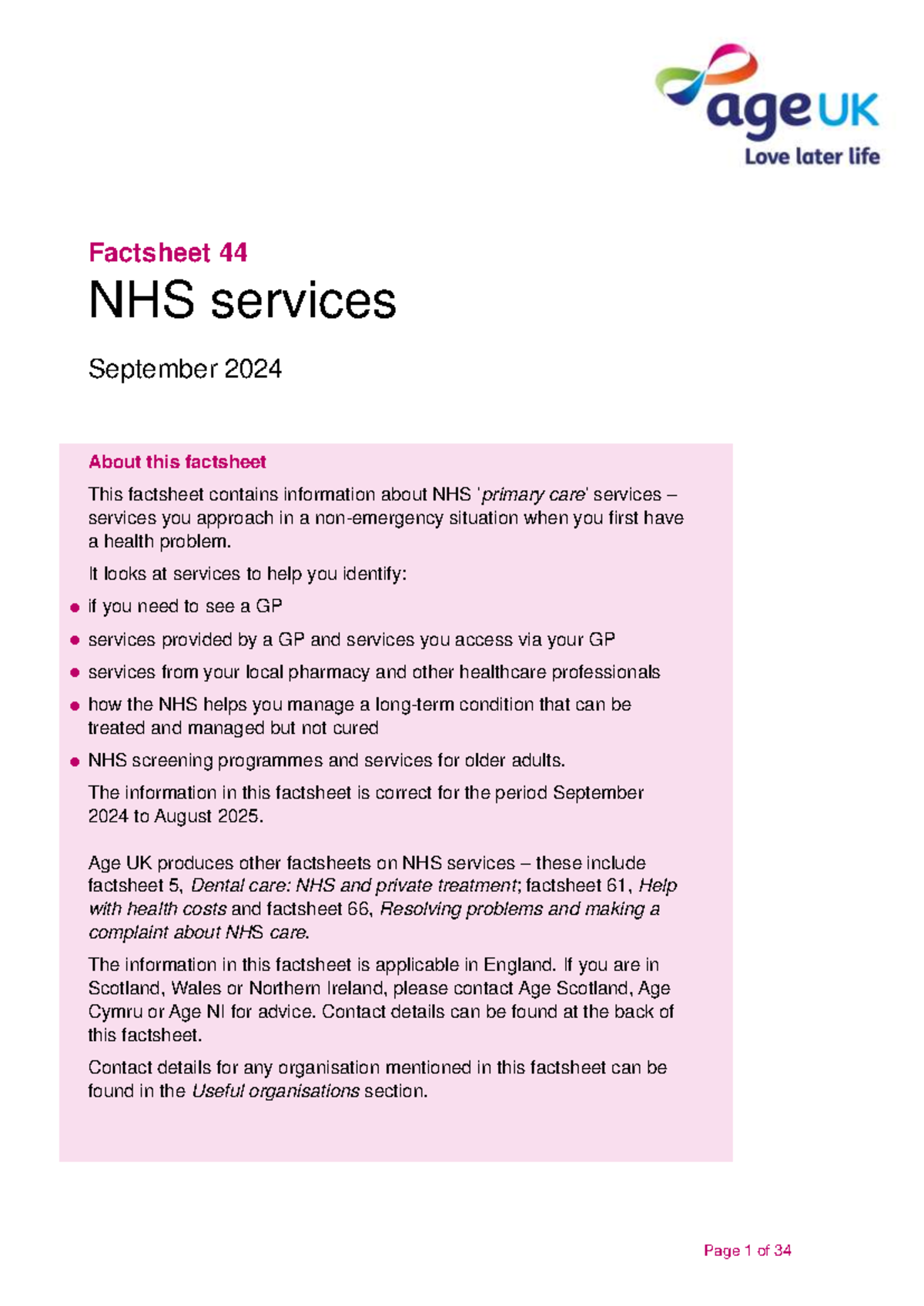NHS Services Factsheet 44: Primary Care Overview - September 2024 - Studocu