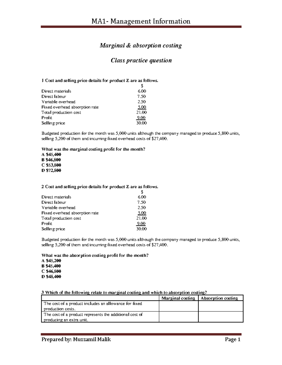 Marginal & Absorption Costing Exercises for Understanding Costs - Studocu