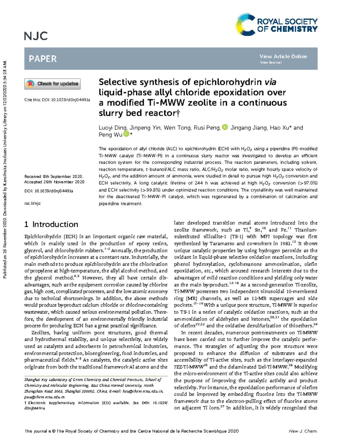 Selective Synthesis of Epichlorohydrin via Allyl Chloride Epoxidation ...
