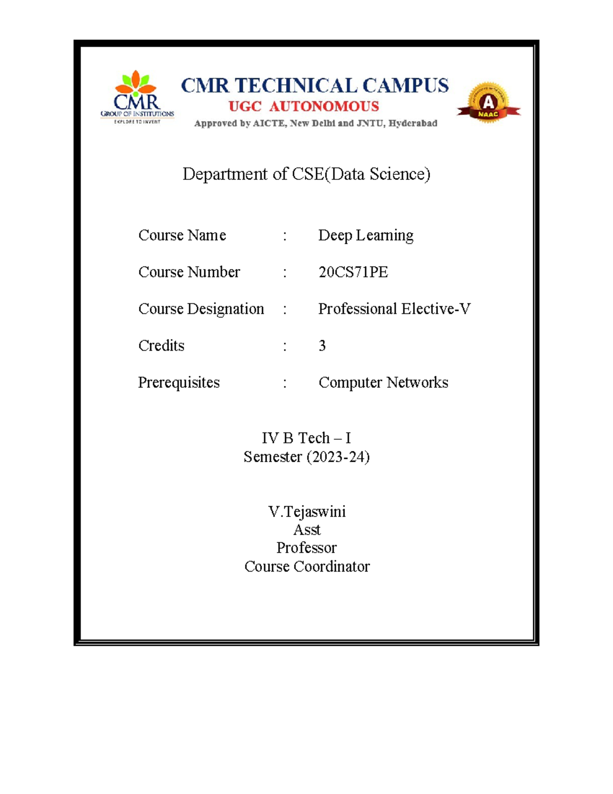 Deep Learning Course Notes - 20CS71PE Professional Elective-V - Studocu