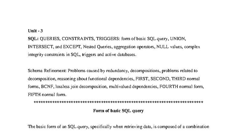 DBMS-Unit-3: SQL Queries, Constraints, and Triggers Overview - Studocu