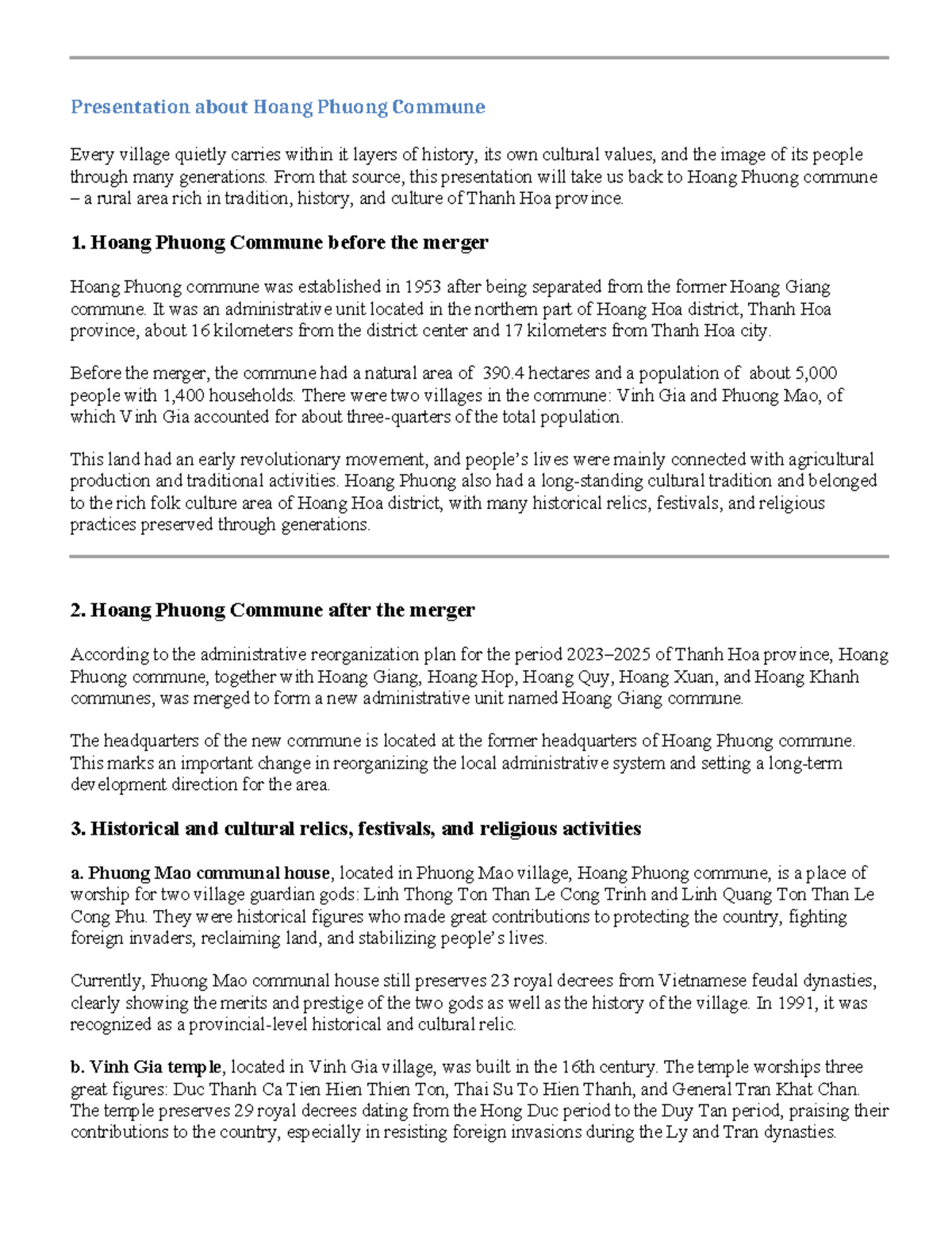 Presentation on Hoang Phuong Commune: History & Culture Insights - Studocu