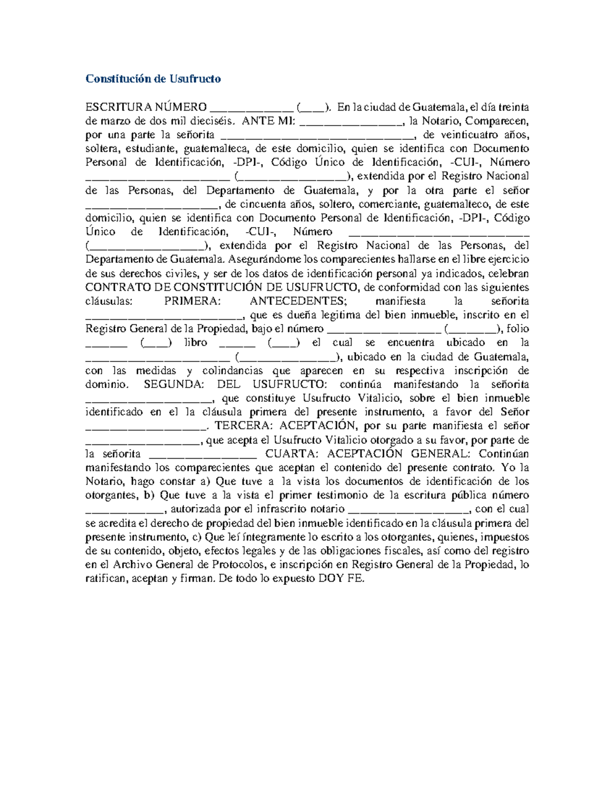 Constitución de Usufructo: Documento Notarial de Usufructo Vitalicio ...