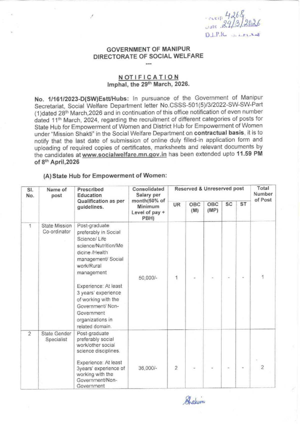 Notification for Recruitment in Social Welfare Dept - Manipur 2026 ...