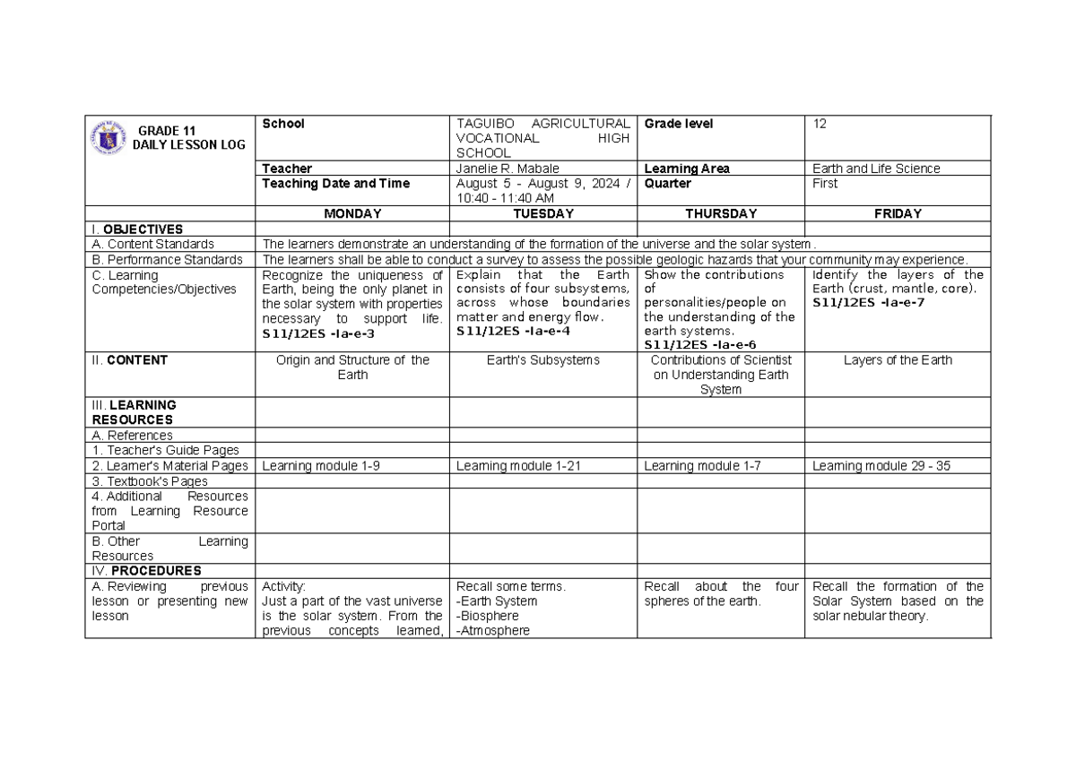 Week 2 August 5-9, 2024 Quarter 1 Earth and Life Science - GRADE 11 ...