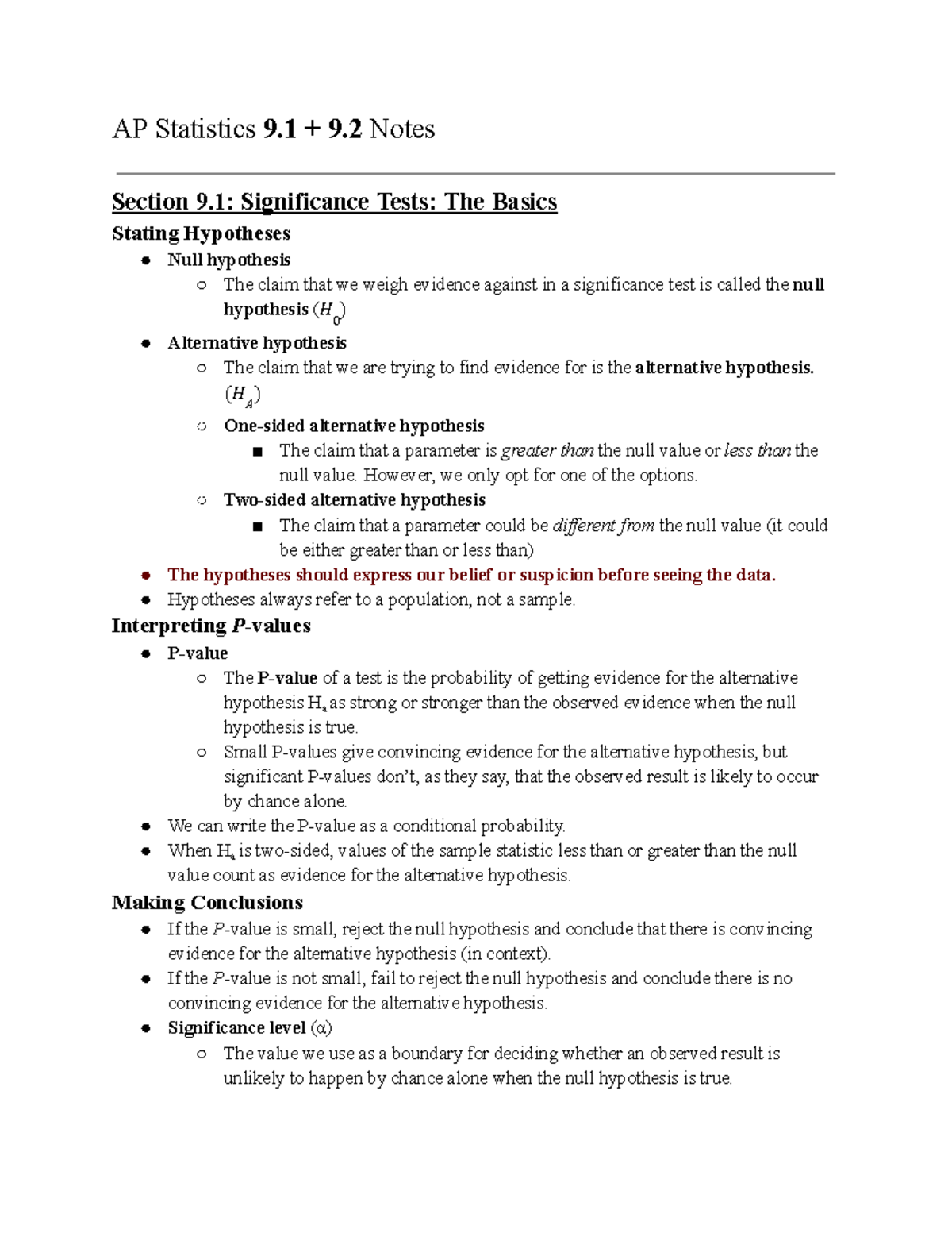 AP Statistics 9.1 + 9.2 Notes - AP Statistics 9 + 9 Notes Section 9 ...