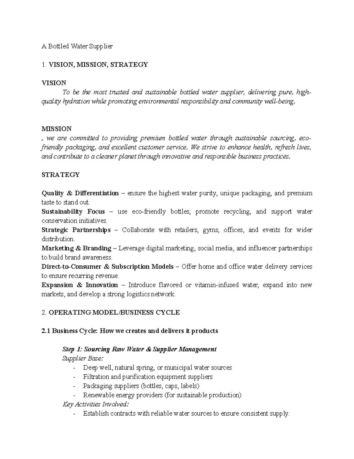 Bottled Water Supplier Strategy: Vision, Mission, and Operations ...