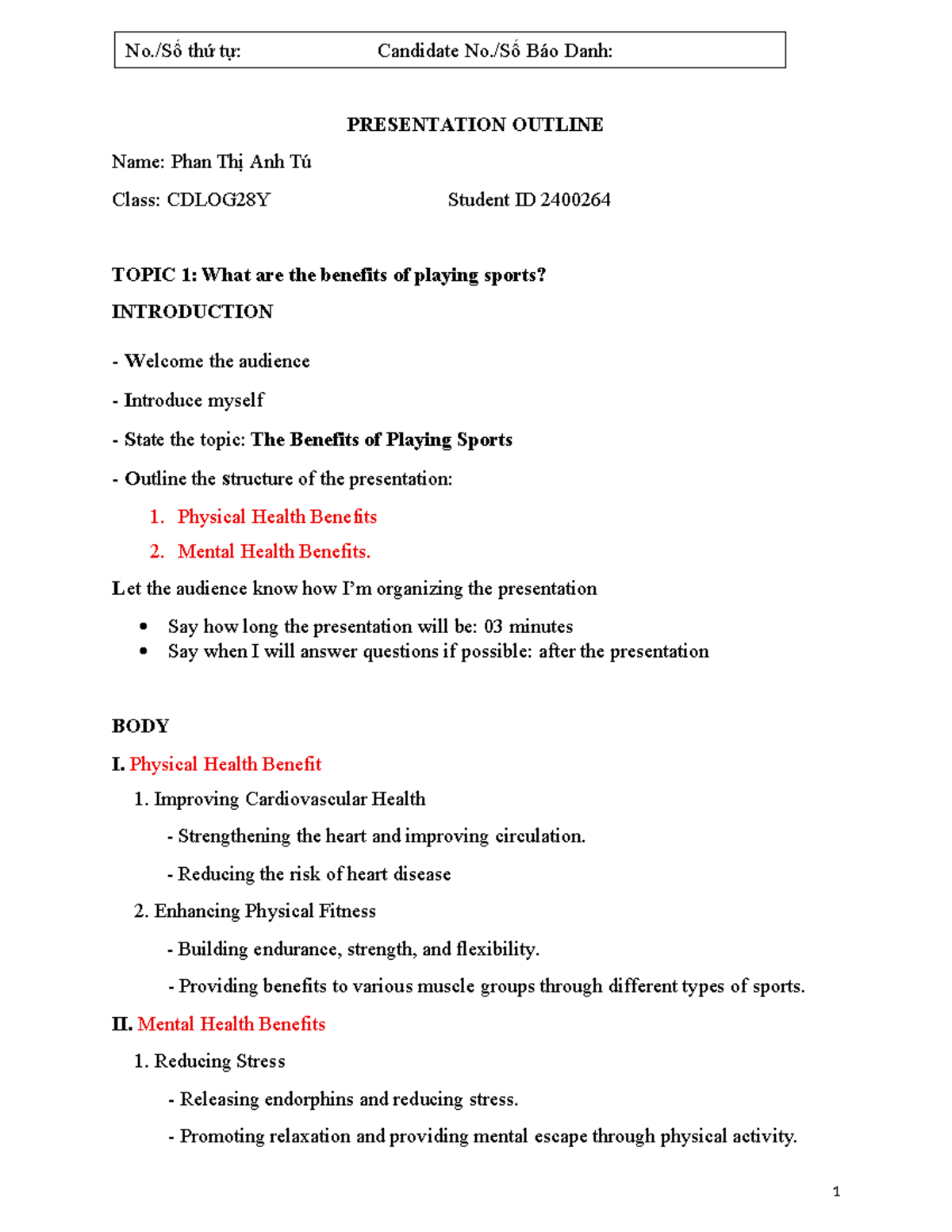 CDLOG28Y Presentation Outline: Benefits of Playing Sports - Studocu