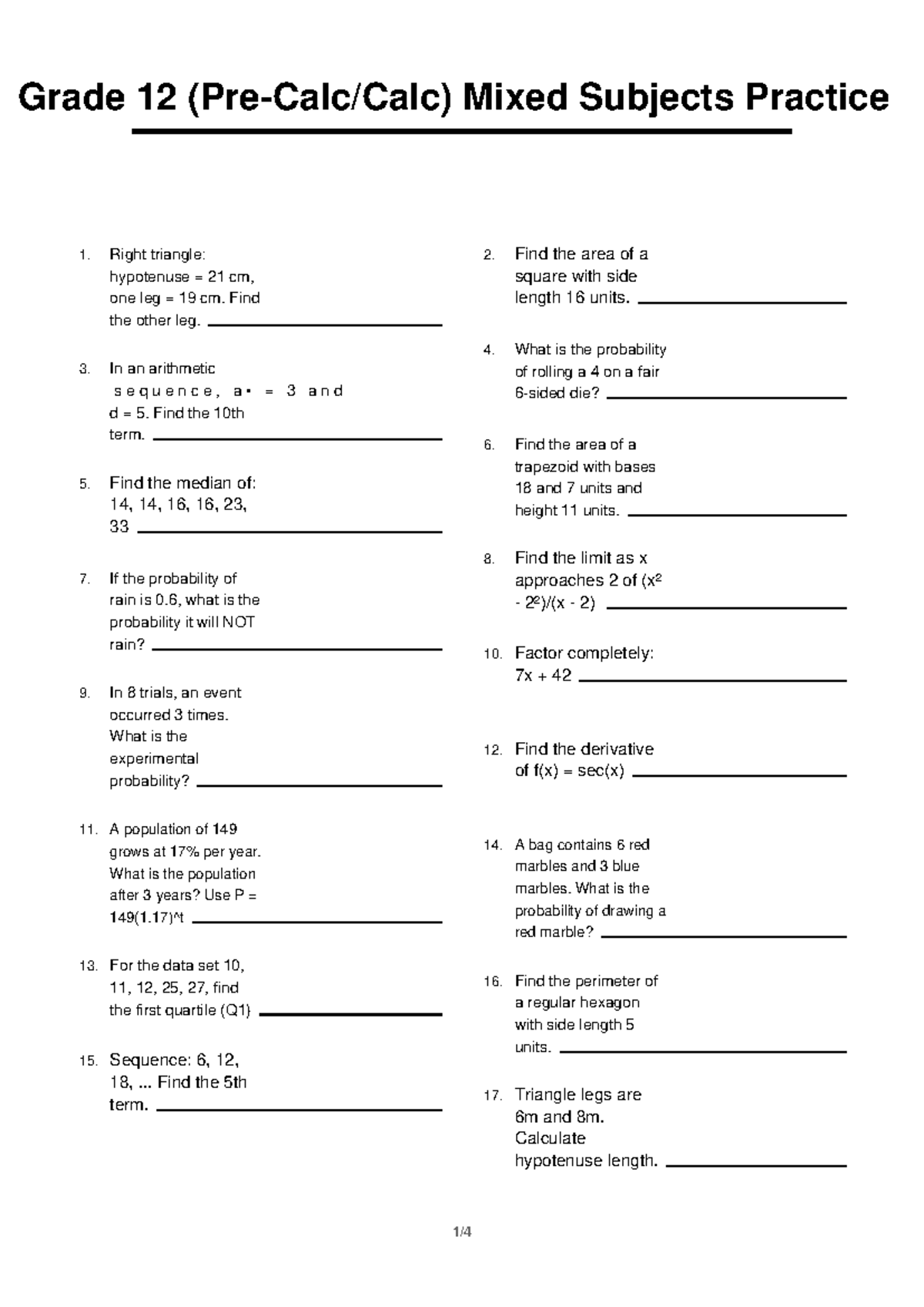 Grade 12 Calc Mixed Subjects Practice 9: Problem Set & Solutions - Studocu