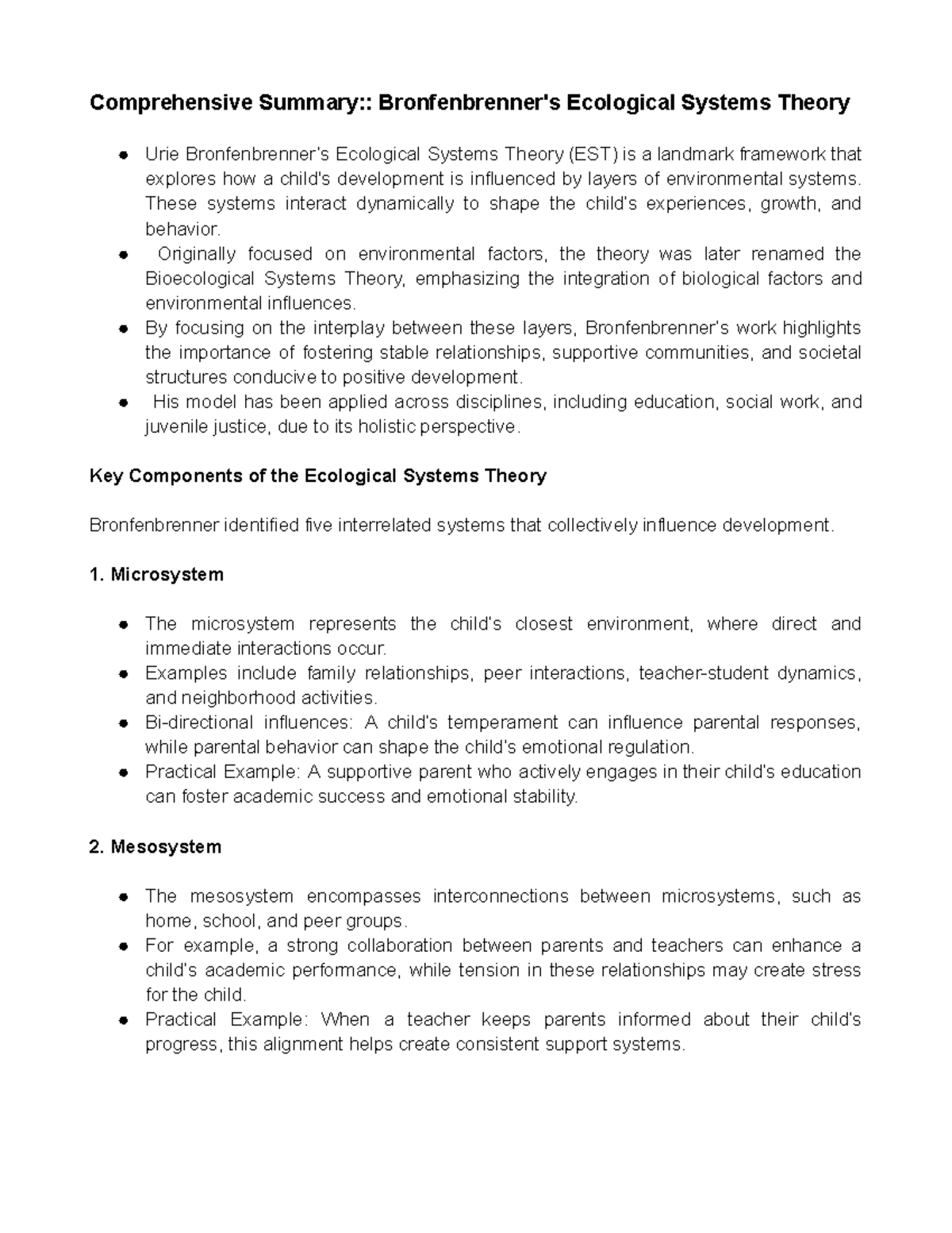 Comprehensive Summary: Bronfenbrenner's Ecological Systems Theory ...