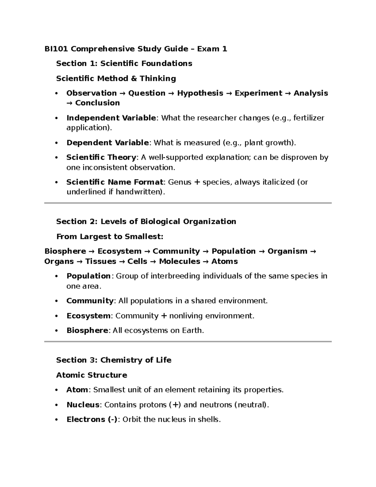 BI101 Comprehensive Study Guide for Exam 1: Key Concepts & Definitions ...